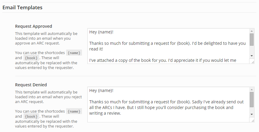 A screenshot of the email templates that you can send out with the ARC ...